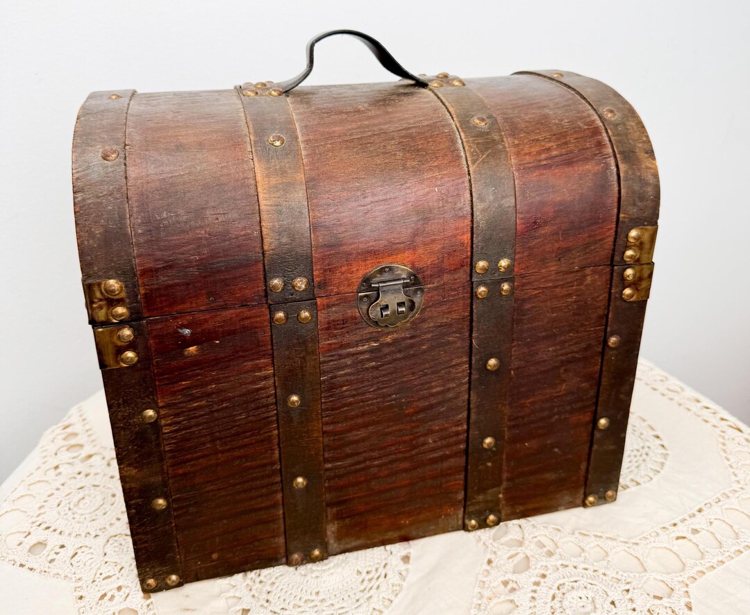 Antique Wooden Storage Box Treasury Chest Patina Metal Lid Spain - Etsy