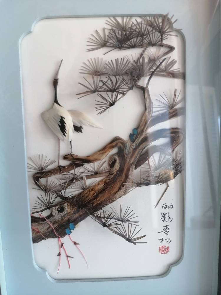 Vintage Japanese Picture Relief Crane With Pine Tree, and Blue Sky ...