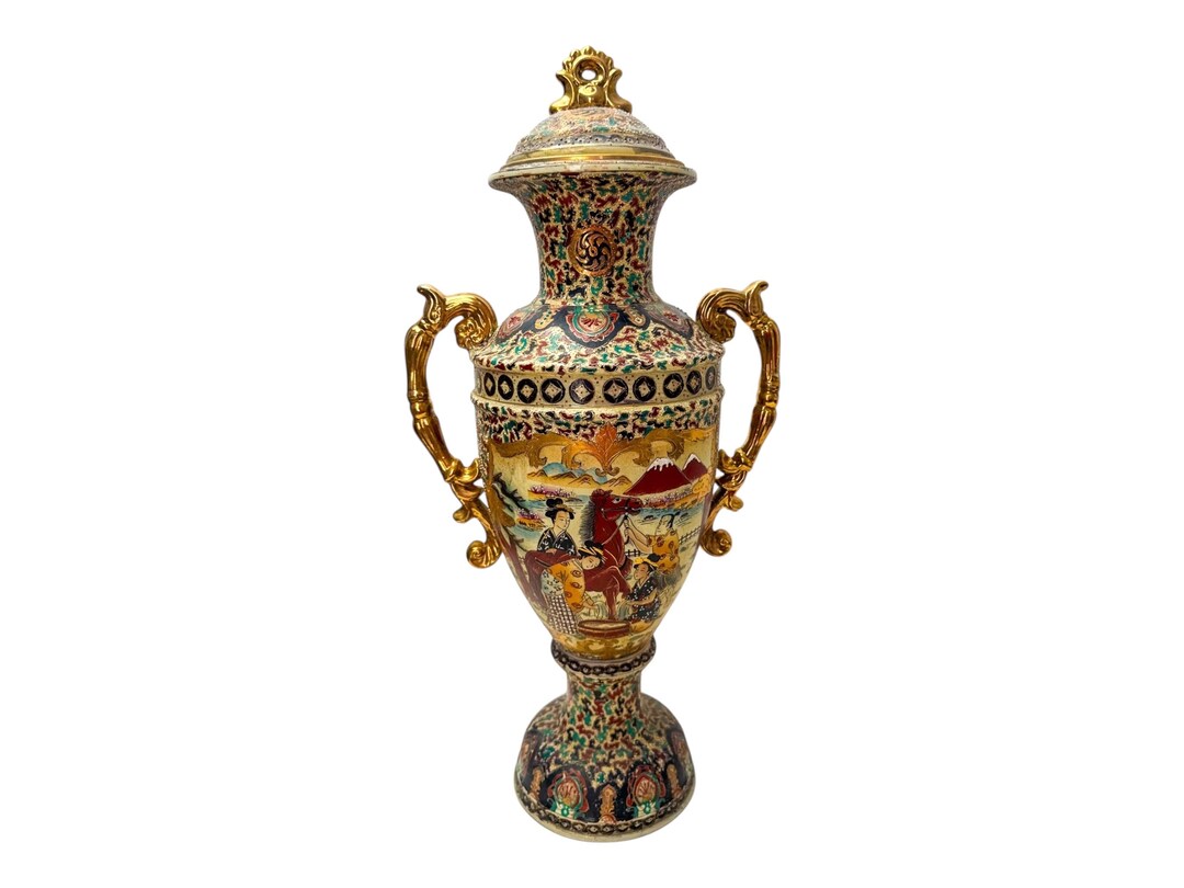 Japanese Satsuma Style Lidded Pottery Temple Urn Gilded Handles ...