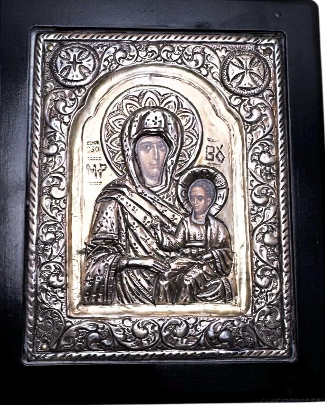 Vintage Greek Orthodox Sterling Silver Repoussé Hand Painted Virgin ...