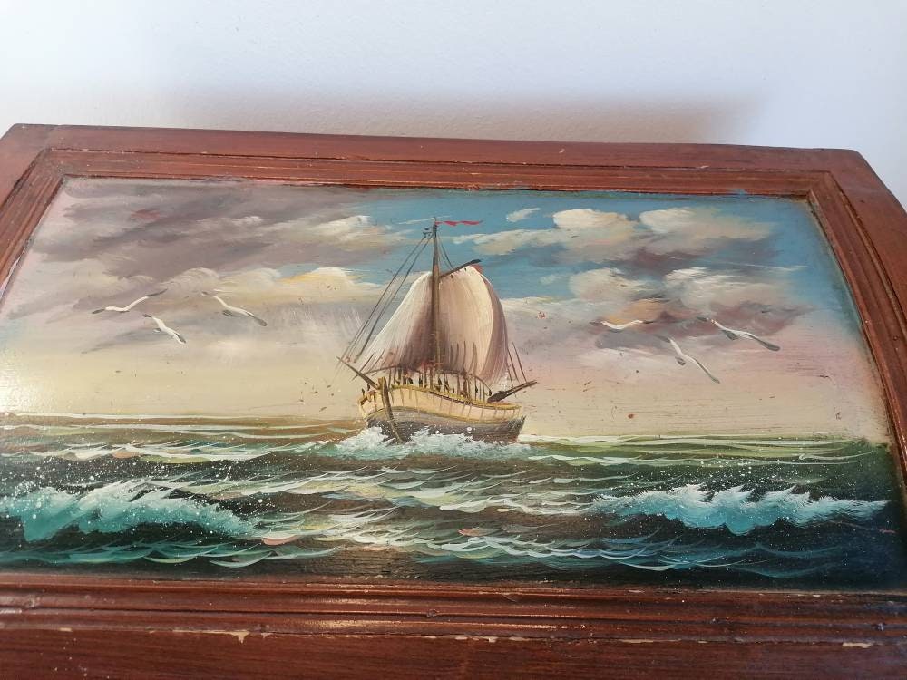 20" Massive Storage Box Wooden Sailing Ship Hand Painted Midcentury ...
