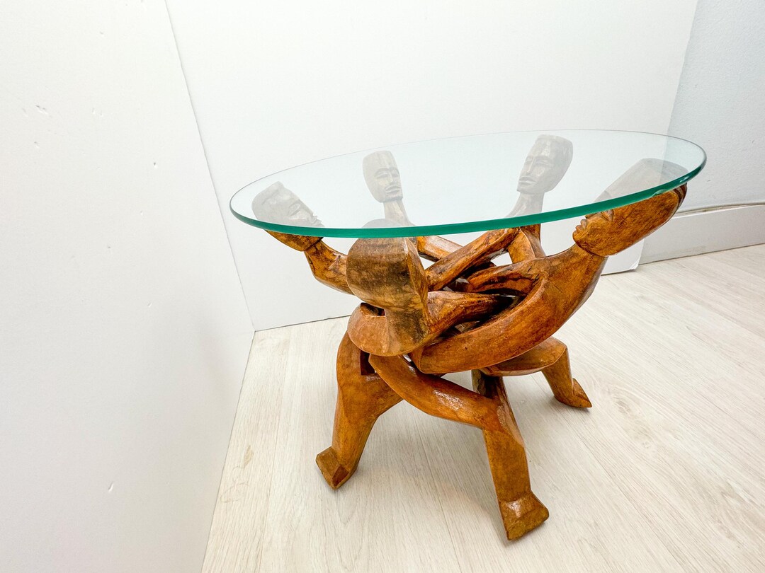 Vintage Wooden Coffee Table Interlock Human Faces Bodies Circle Team ...