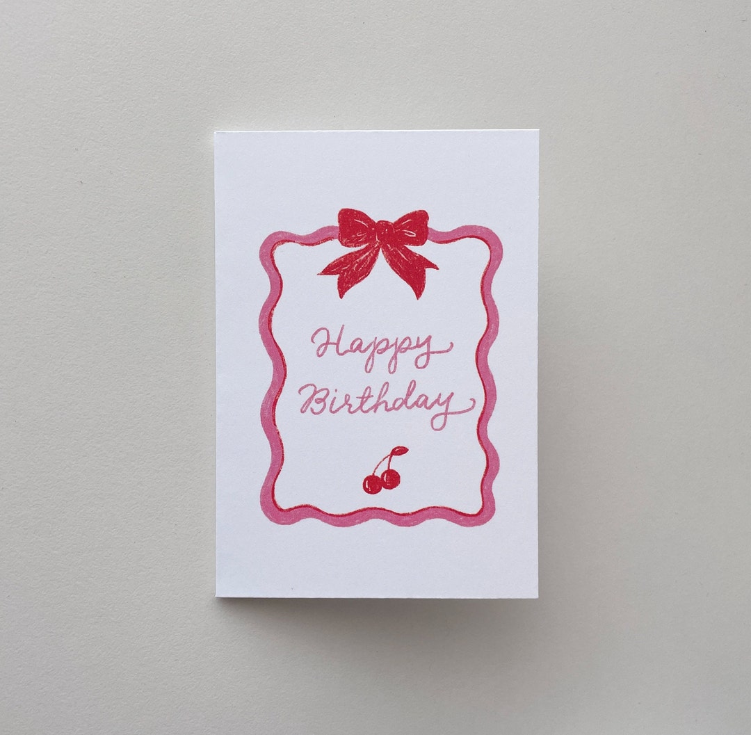 Wavy Ribbon Cherry Bow Happy Birthday Card | Greeting Card | Blank Card ...