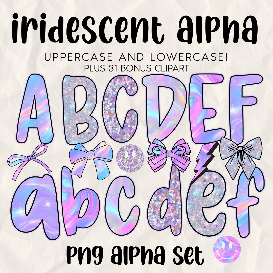 IRIDESCENT Alphabet Clipart PNG Bundle, Iridescent Doodle Alphabet ...