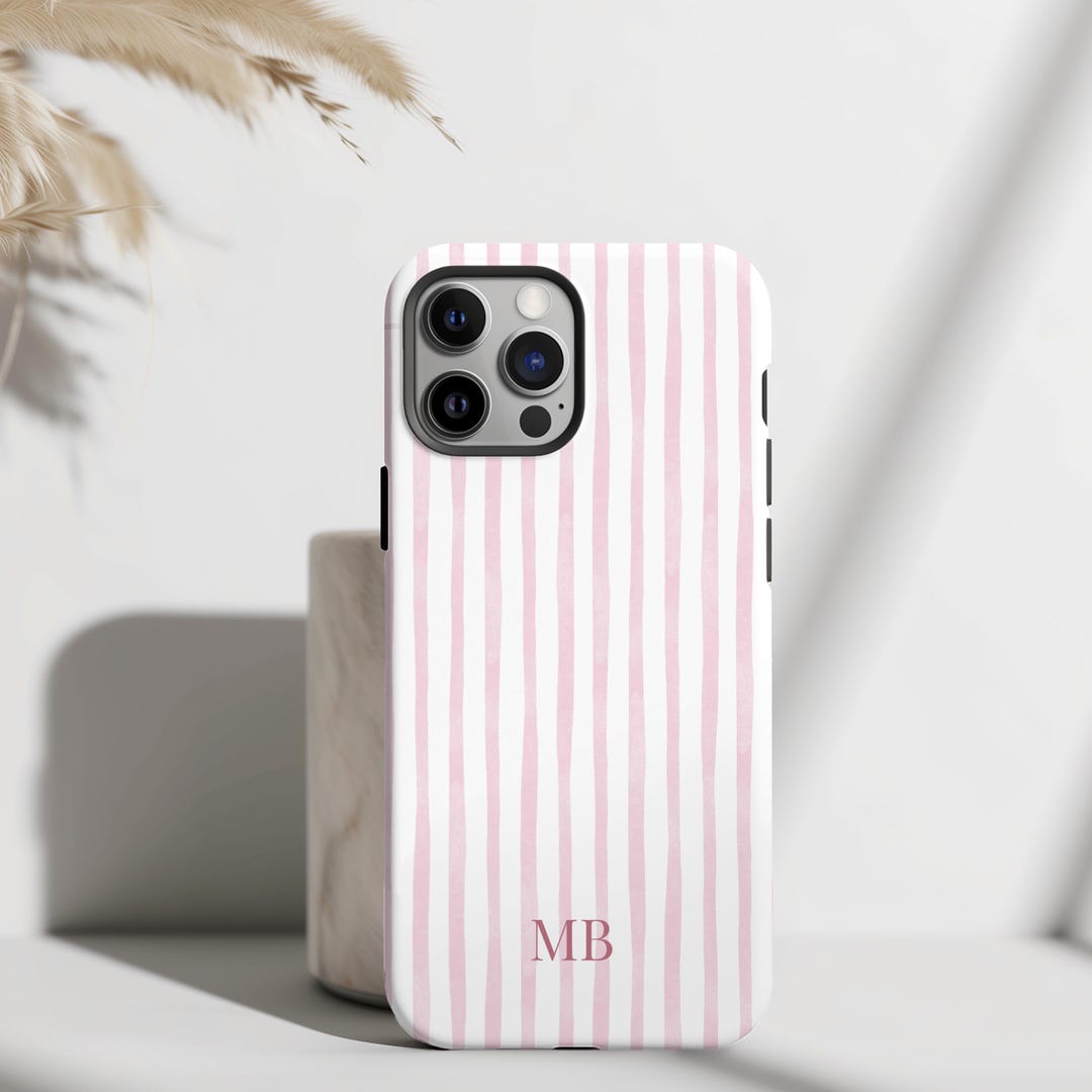 Personalized Pink Stripe Phone Case | Custom Initials iPhone 17 16 15 ...