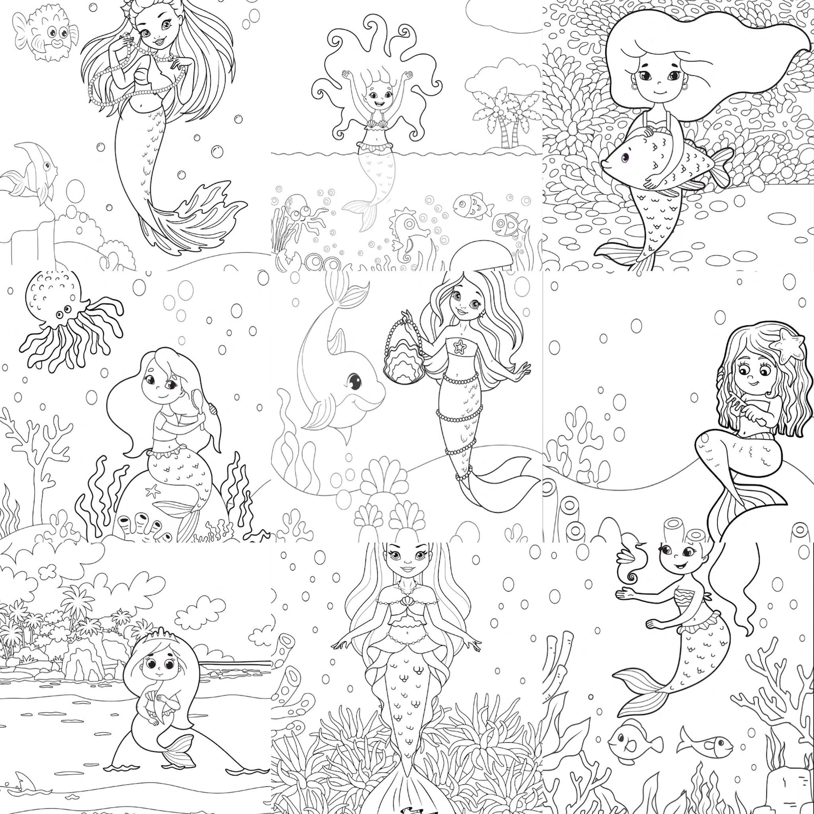 Little Mermaid Family Coloring Pages - Cute Mermaid Princess Printable ...