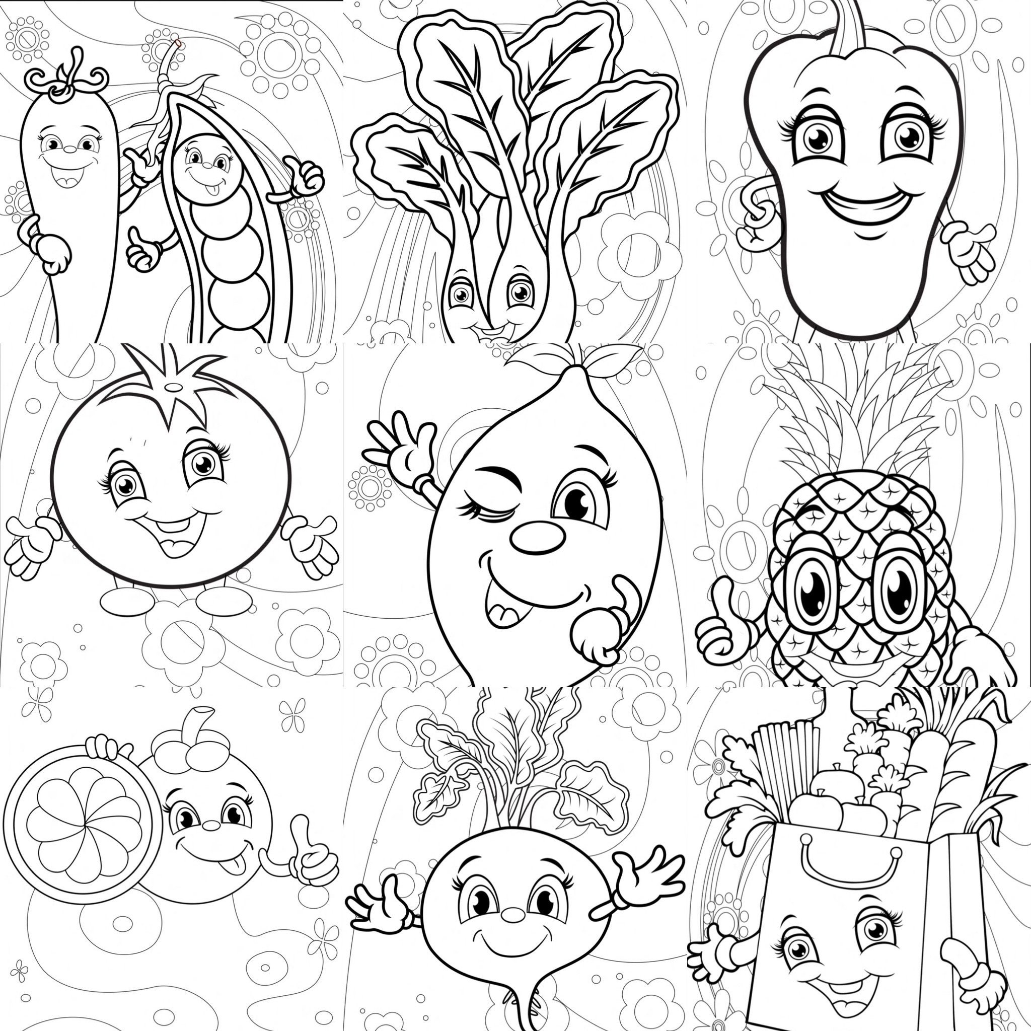 Kawaii Fruits and Veggies Printable Coloring Pages Anime - Etsy