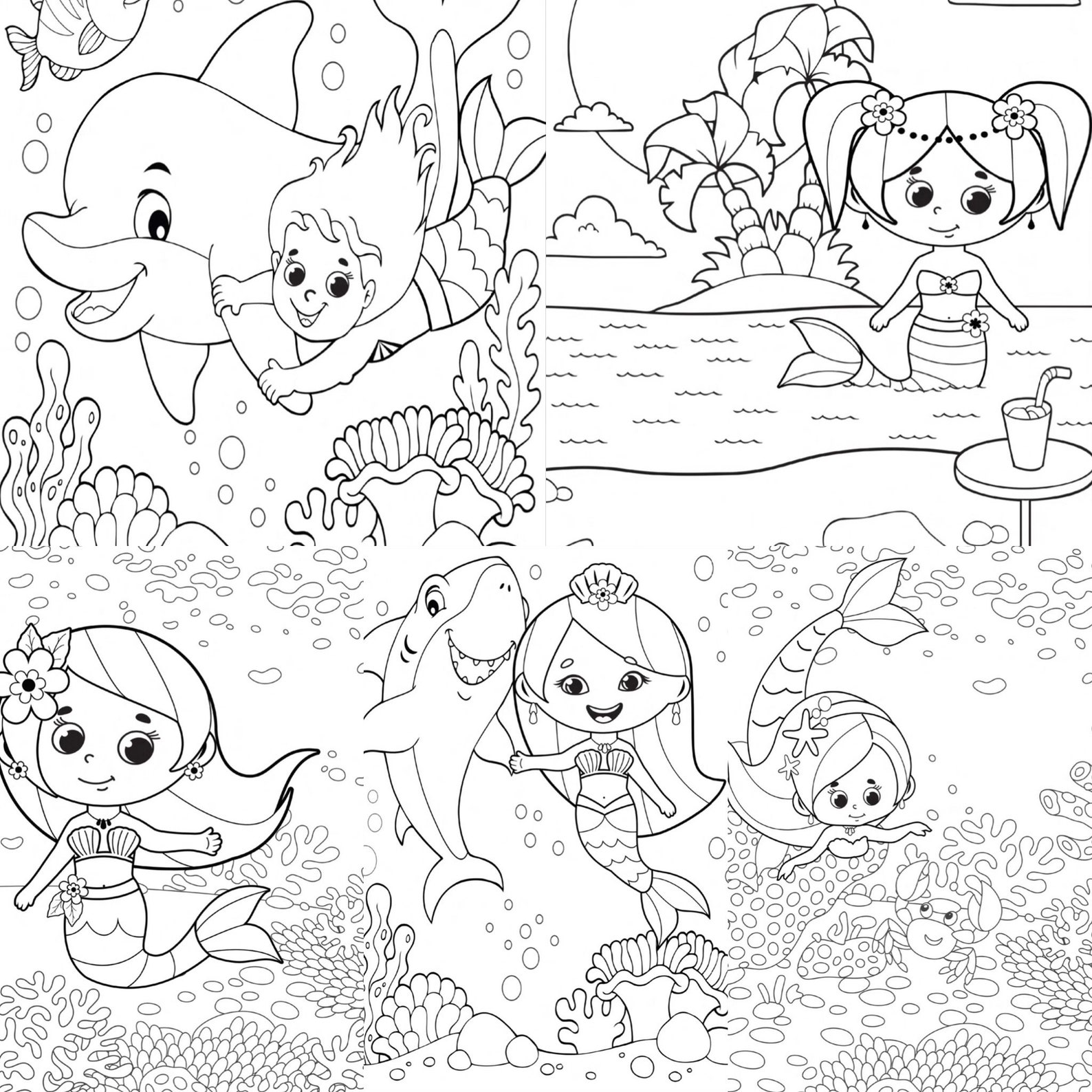 Family Of Mermaids Coloring Page
