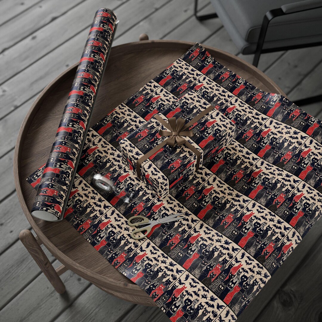 Folk Art Cat and Bat Wrapping Paper | Red and Black Pattern - Etsy