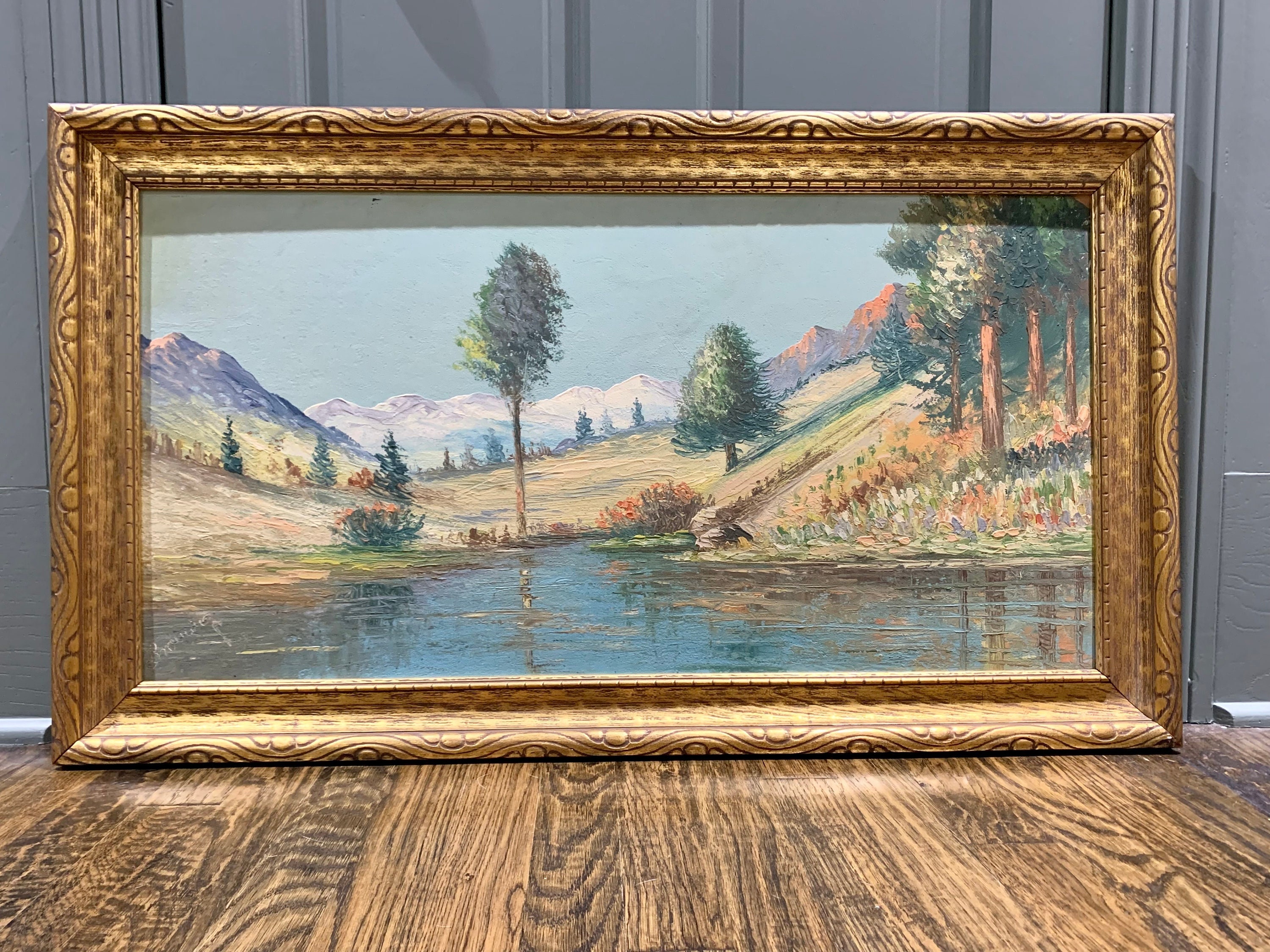 Painting Large Vintage Impasto Oil Painting of Mountain Scene in Muted ...