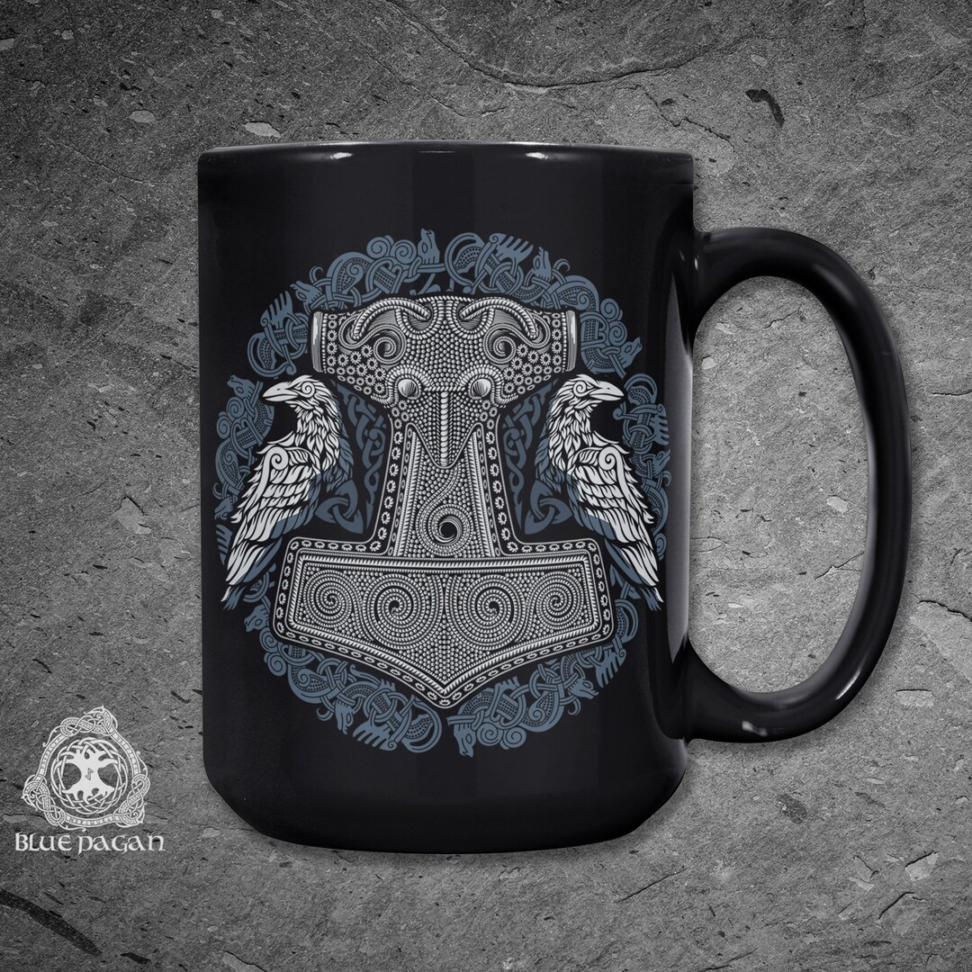 Raven Mjolnir Thors Hammer Viking Coffee Mug, Norse Pagan Mythology ...