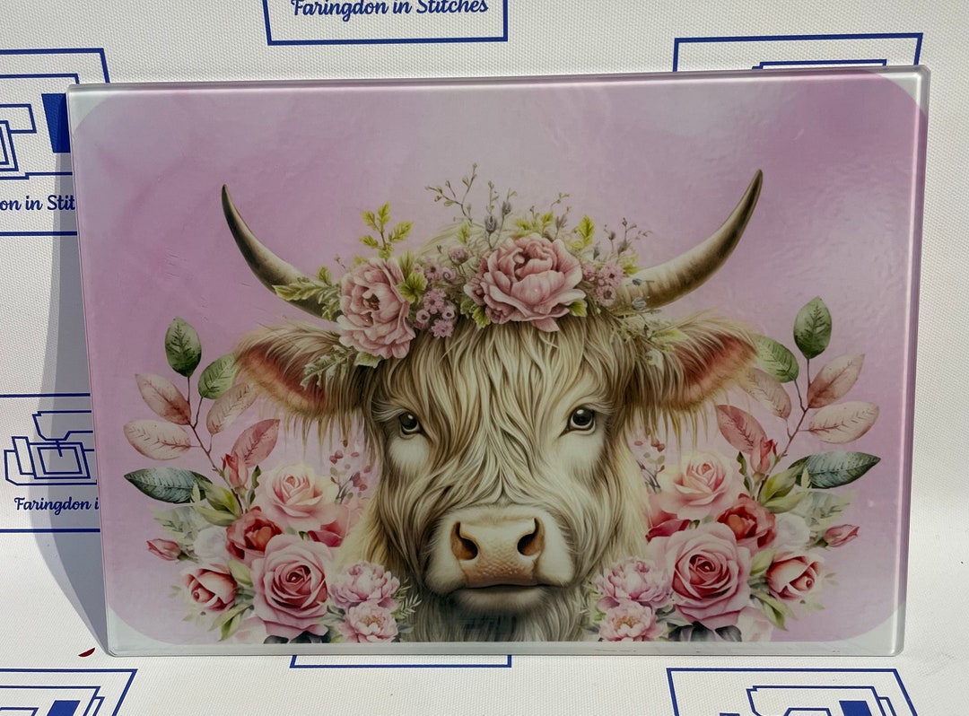 Highland Cow Glass Worktop Saver, Highland Cow Chopping Board, Pink ...