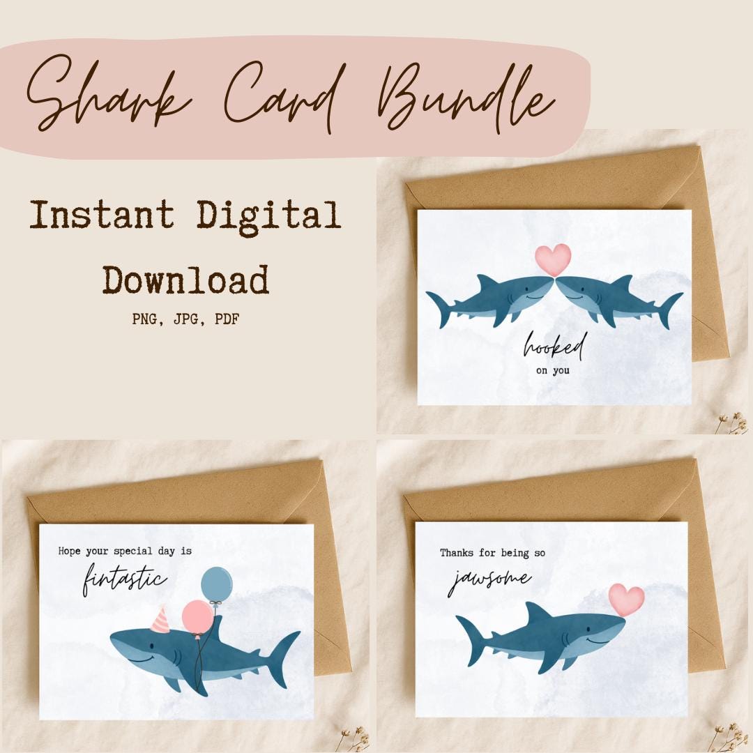 Shark Greeting Cards Bundle: Printable Birthday, Thank You, Friendship ...