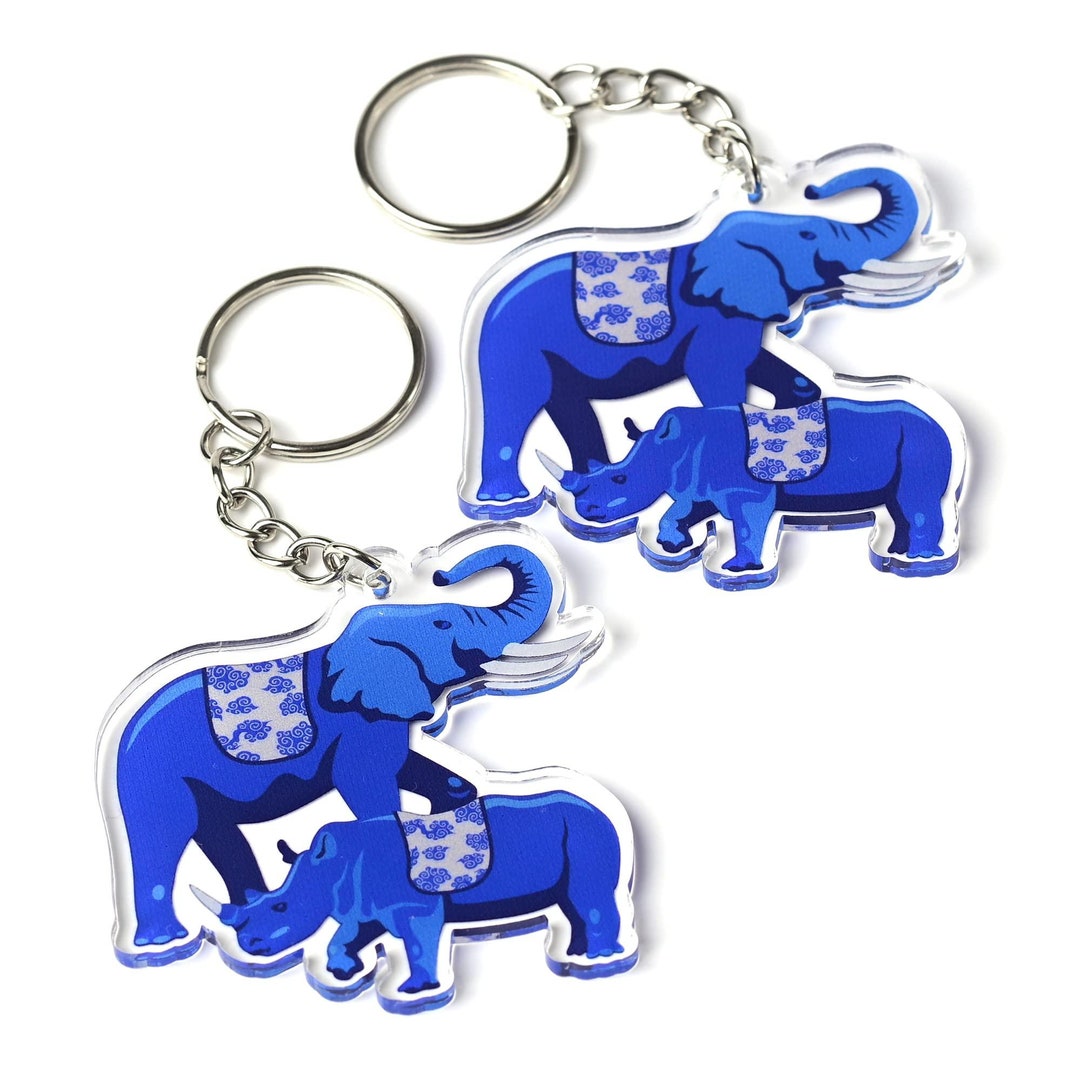 Set of 2 Anti Burglary Amulet Keychains With Blue Elephant and Rhino ...