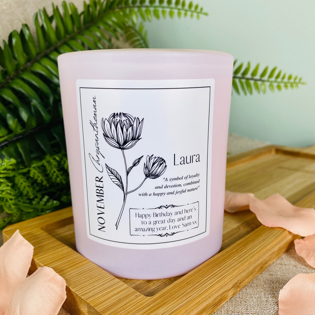 November Chrysanthemum Birth Flower Personalised Candle | Birthday Gift ...