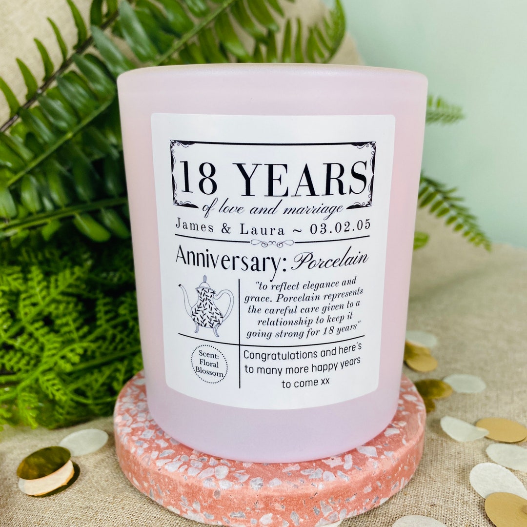 18th Wedding Anniversary Personalised Candle - Porcelain Anniversary ...