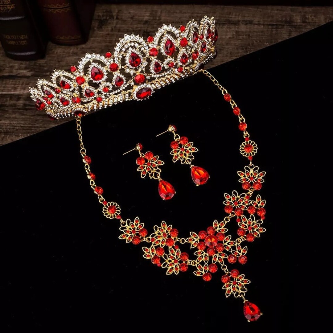 Bridal Tiara Set Red & Gold Earrings Necklace Wedding - Etsy