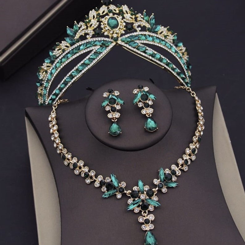Bridal Tiara Set Green Tiara Set Red Gold Silver Necklace - Etsy