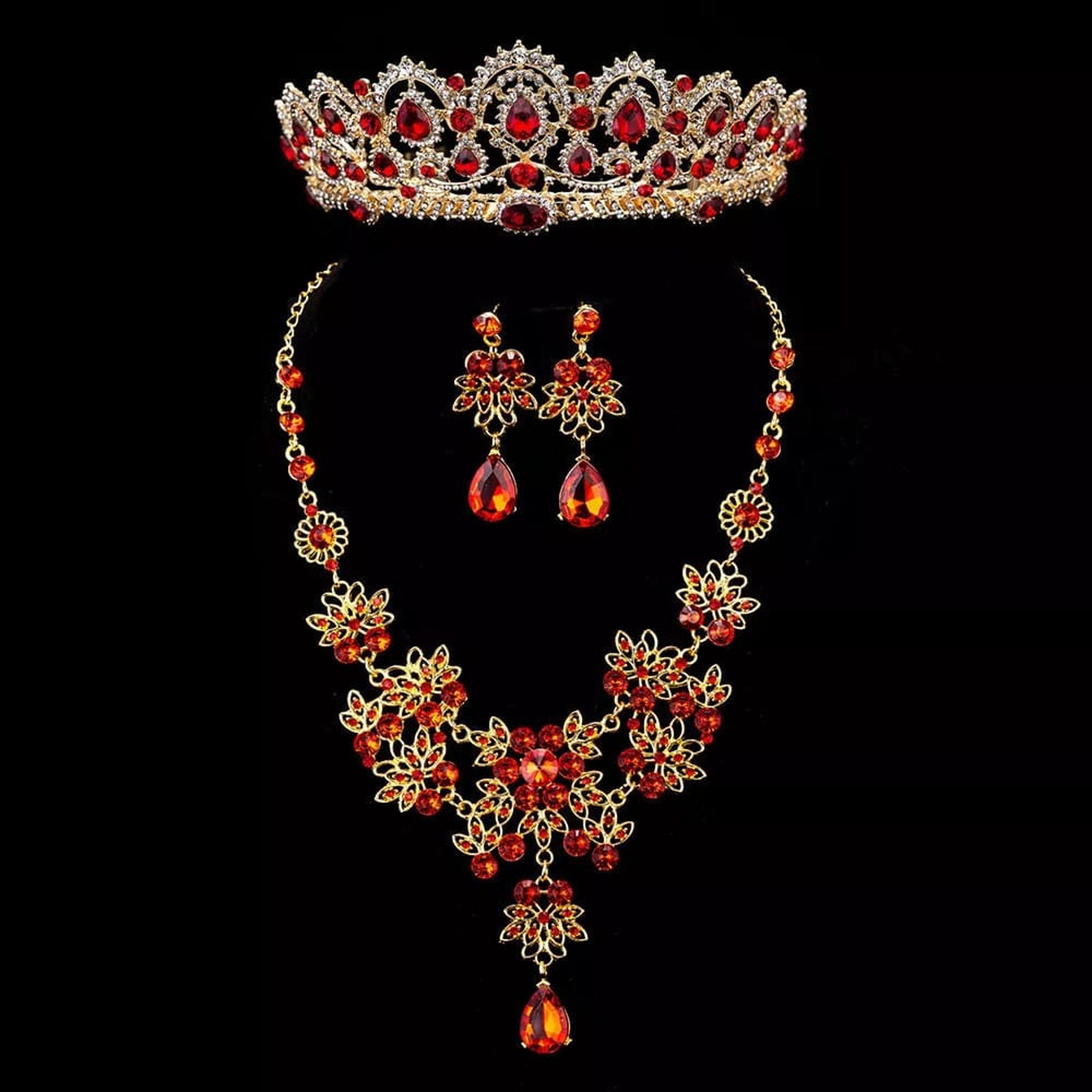 Bridal Tiara Set Red & Gold Earrings Necklace Wedding | Etsy