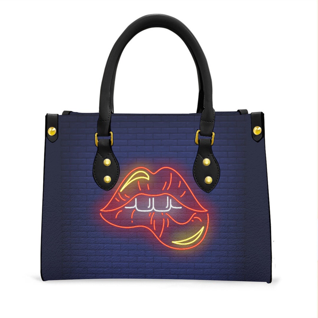 Lower Lip Bite Lips Kiss Print Sexy Neon Lights Women's Tote Bag With ...