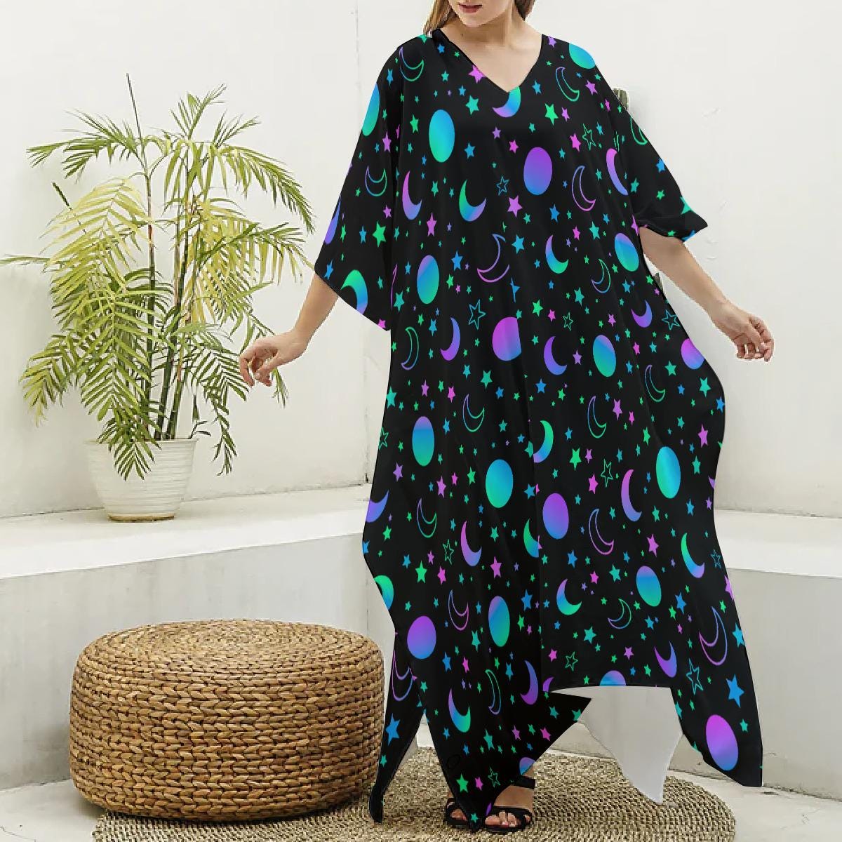 Moons & Stars Psychedelic Mage All-over Print Women's Imitation Silk V ...