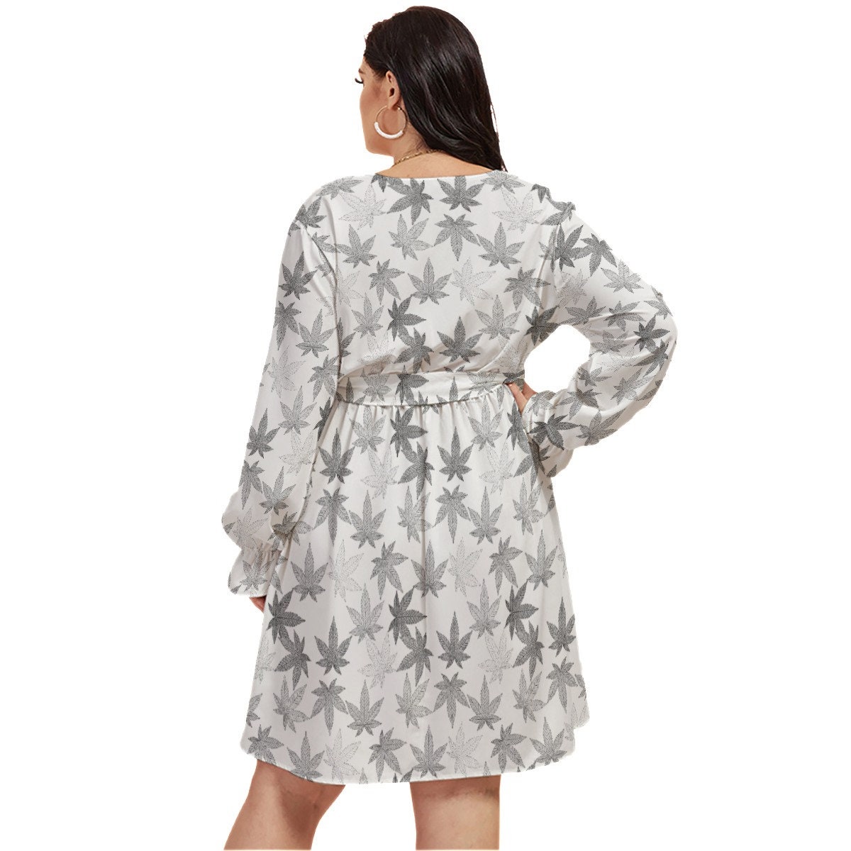 Marijuana Leaf All-over Print Women's V-neck Dress With Waistband(plus ...