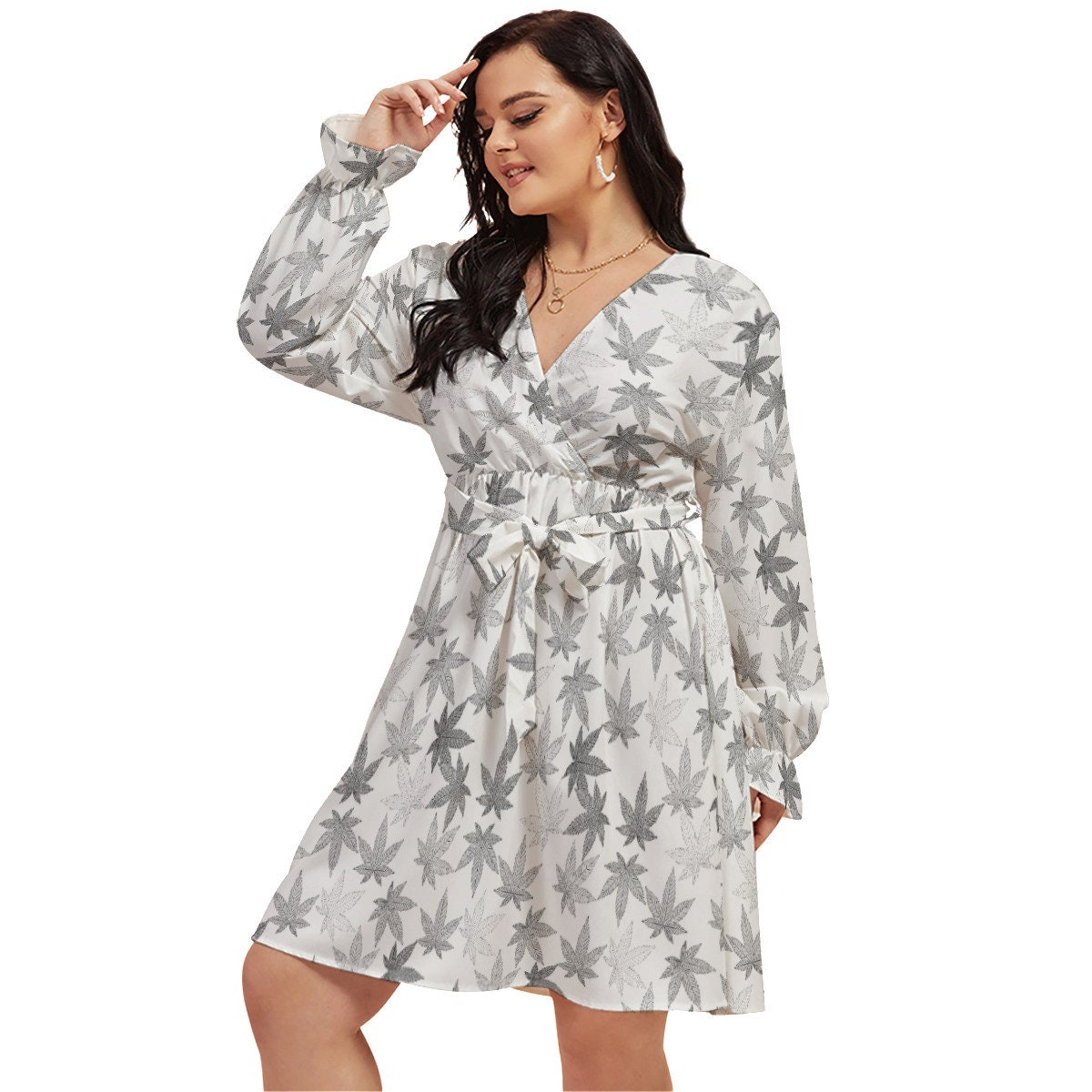 Marijuana Leaf All-over Print Women's V-neck Dress With Waistband(plus ...