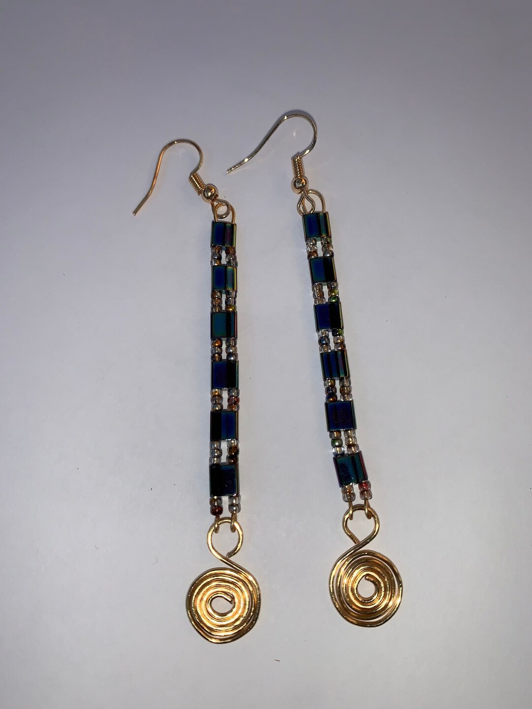 Retro-futuristic Greek-style Earrings, Japanese Tila Beads, Blue ...