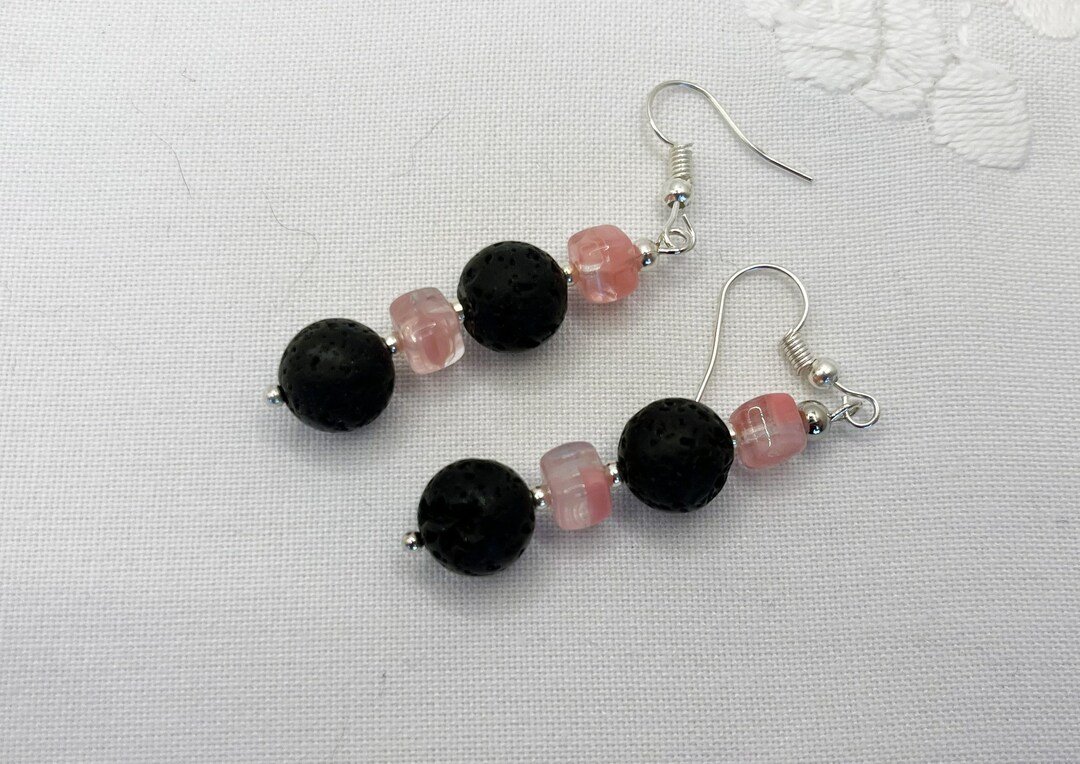 Pink Quartz and Black Lava Stone Statement Earrings, Lava Beads, Cubic ...