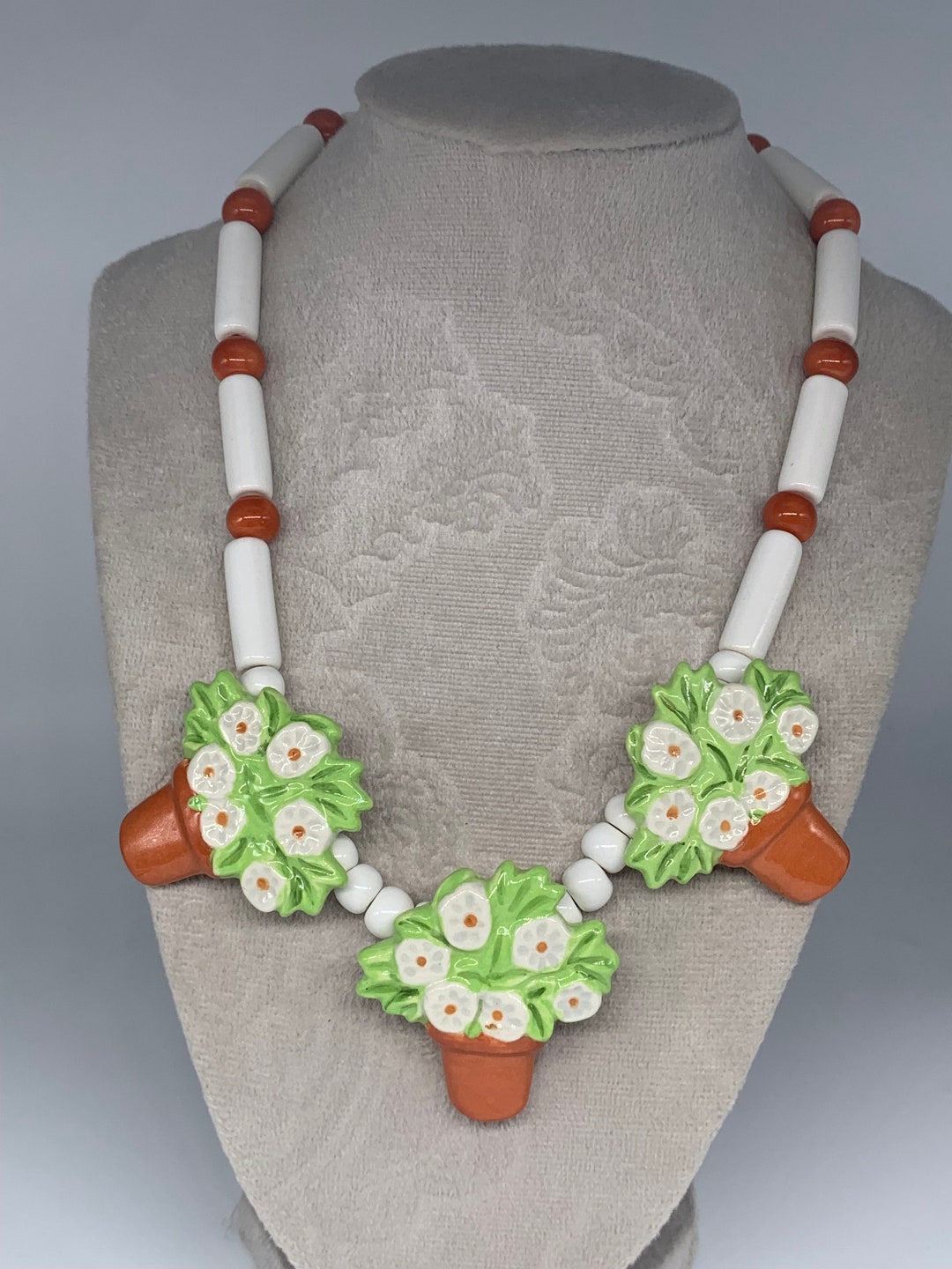 Vintage RARE! Ceramic Flower Pot Necklace by FLYING COLORS 18" - Etsy