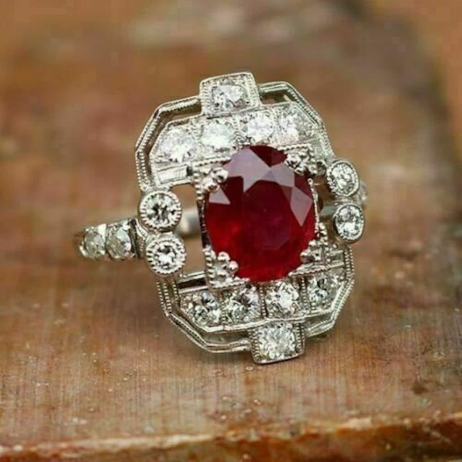 Art Deco Milgrain 2.3ct Ruby Oval Cut Diamond 14K White Gold Engagement ...