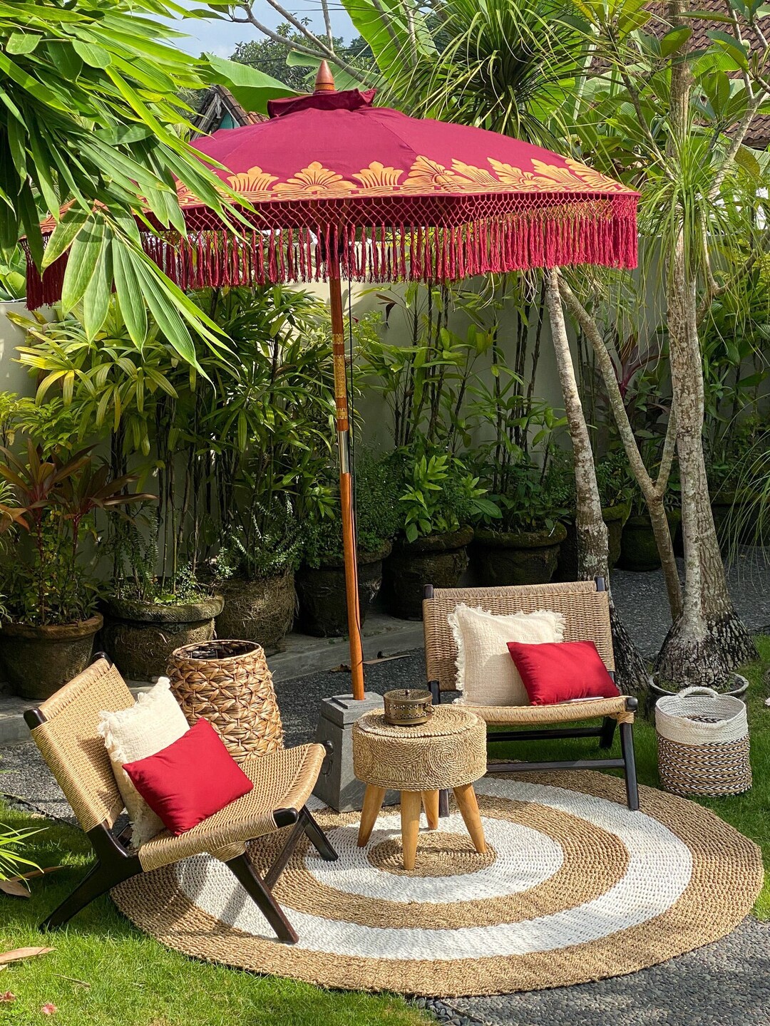 New Style Indonesian Parasol Burgundy Red With Gold Boho Style Bali ...