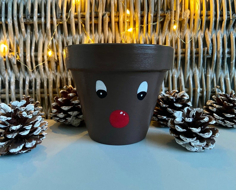 Reindeer Pot 11 Cm | Christmas Planter | Hand Painted | Plant Pot With Drainage Hole | Christmas ...
