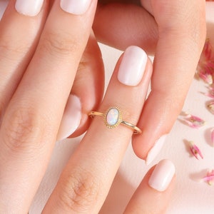 Opal Ring Gold 14K, Delicate Multicolor Opal Birthstone Stacking Ring ...