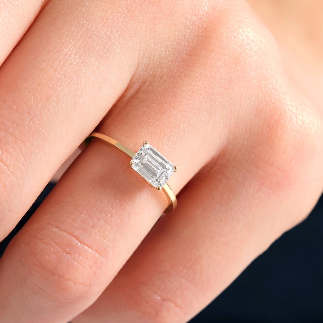 Emerald Cut Diamond Engagement Ring 14K Solid Gold, Rectangle Diamond ...