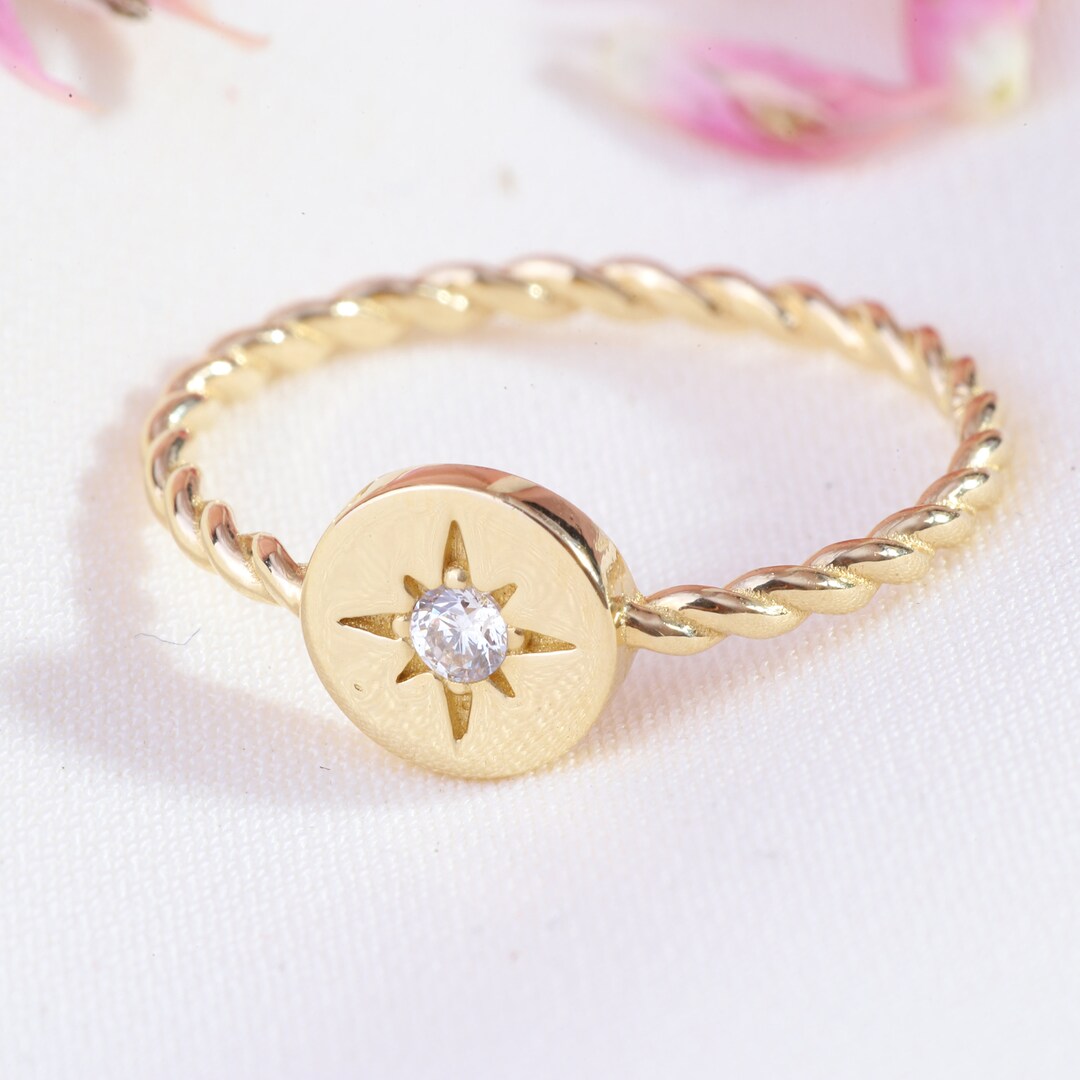 North Star Stacking Ring Gold, Round Diamond Northstar Ring, 10K 14K 18K Gold Twisted Rope ...