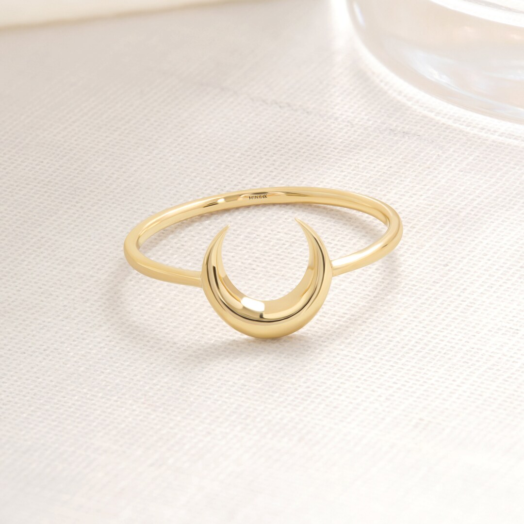 14K Solid Gold Moon Ring, Cressent Moon Ring, Tiny Moon Ring, Stacking ...