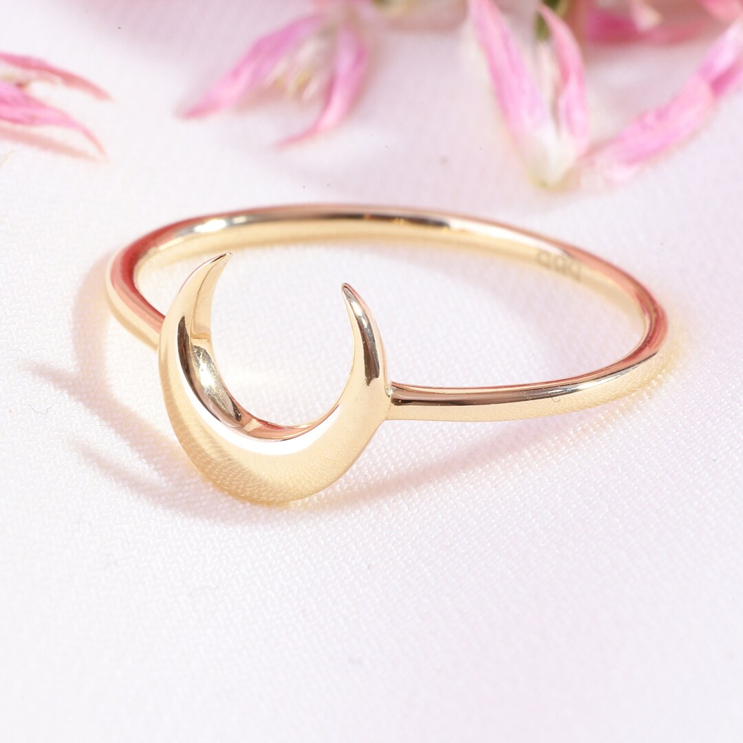 14K Solid Gold Moon Ring, Cressent Moon Ring, Tiny Moon Ring, Stacking ...
