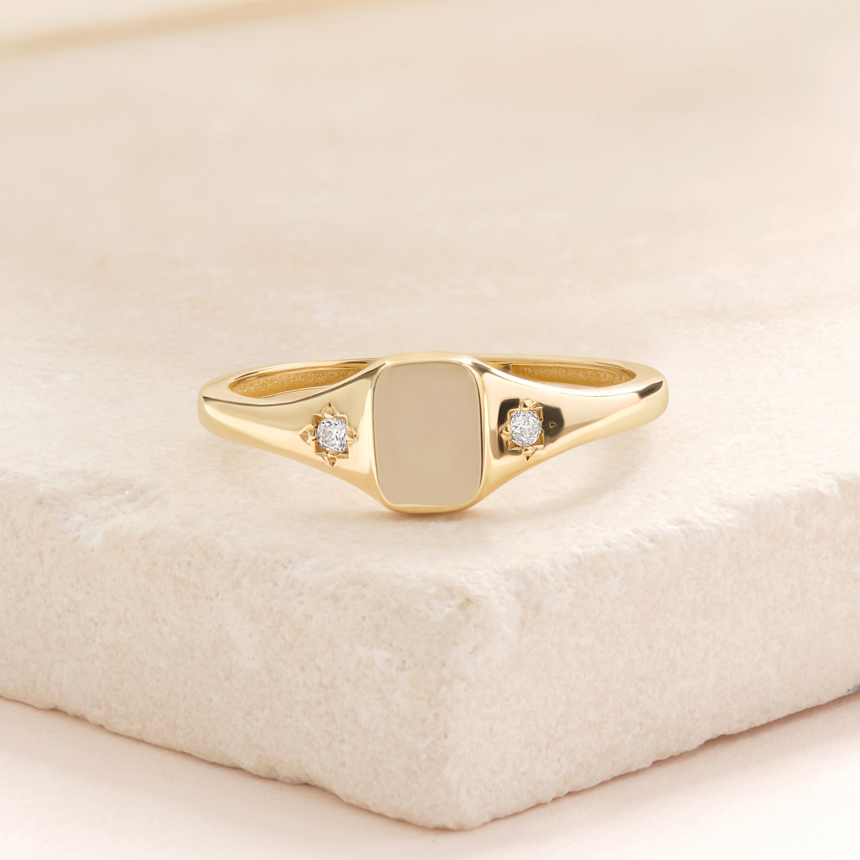 Custom Square Signet Initial Ring Double Diamond, 10K 14K 18K Chunky ...