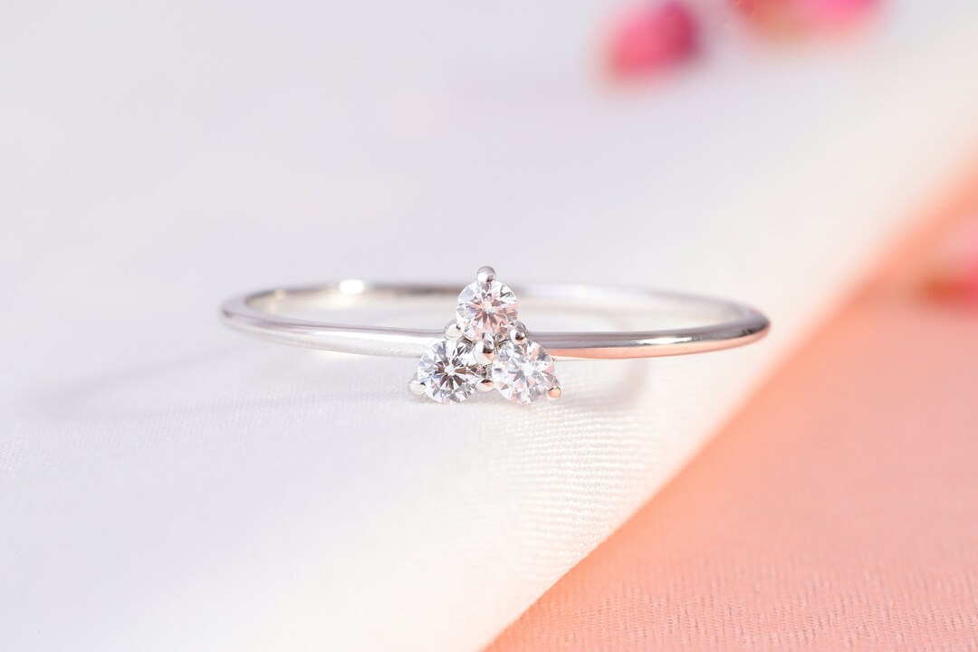 Three Tiny Diamond Engagement Ring, Triangle Shape Triple Thin ...