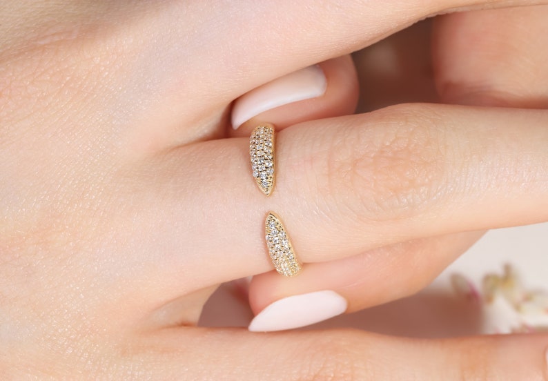 Dotted Diamond Ring 10K 14K 18K Solid Gold, Open Cuff Wedding Band ...