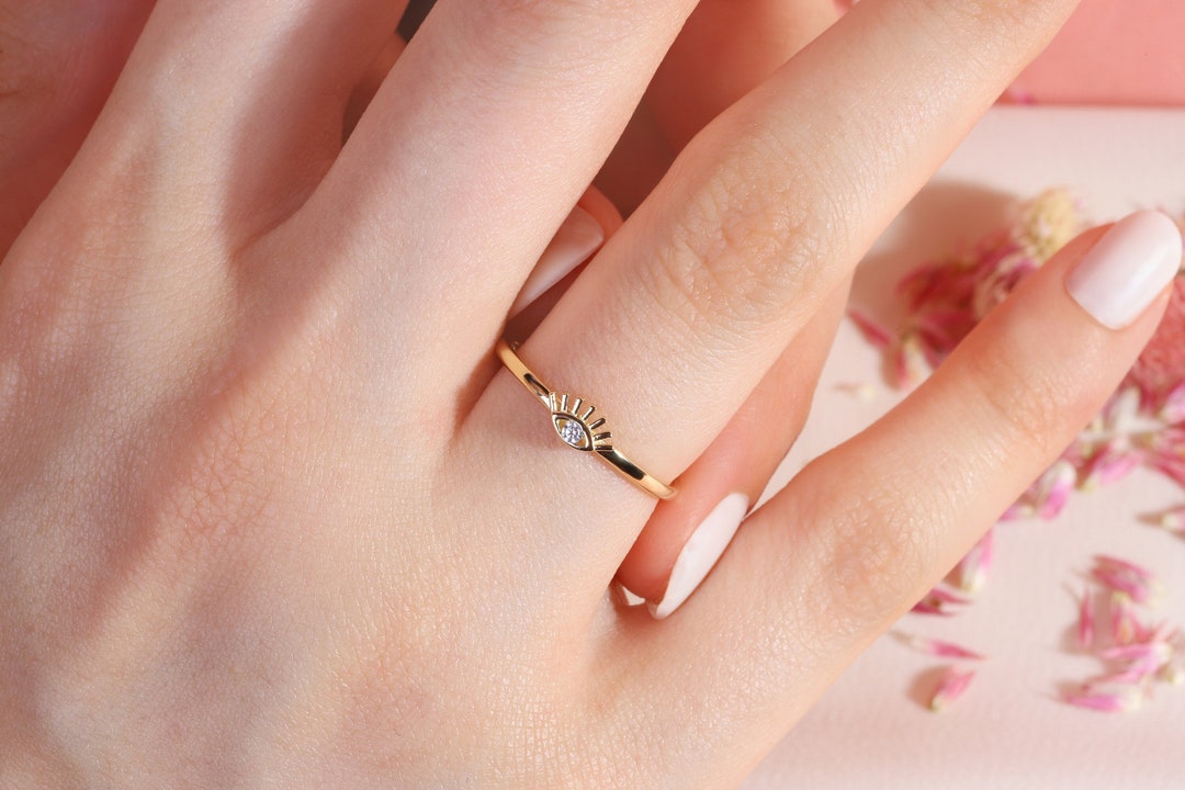 Evil Eye Diamond Ring 14K Solid Gold Tiny Moissanite Eyelash Ring Women ...