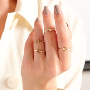 Custom Initial Letter Ring 14K Solid Gold Stackable Rings, Personalizable Word Alphabet Stacking ...