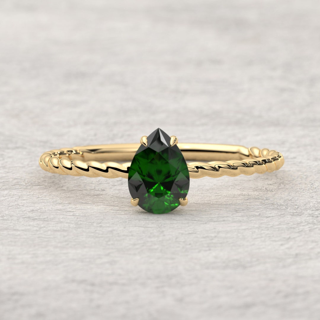 Pear Shape Emerald Stacking Ring, 14K Gold Tear Drop Custom Birthstone ...