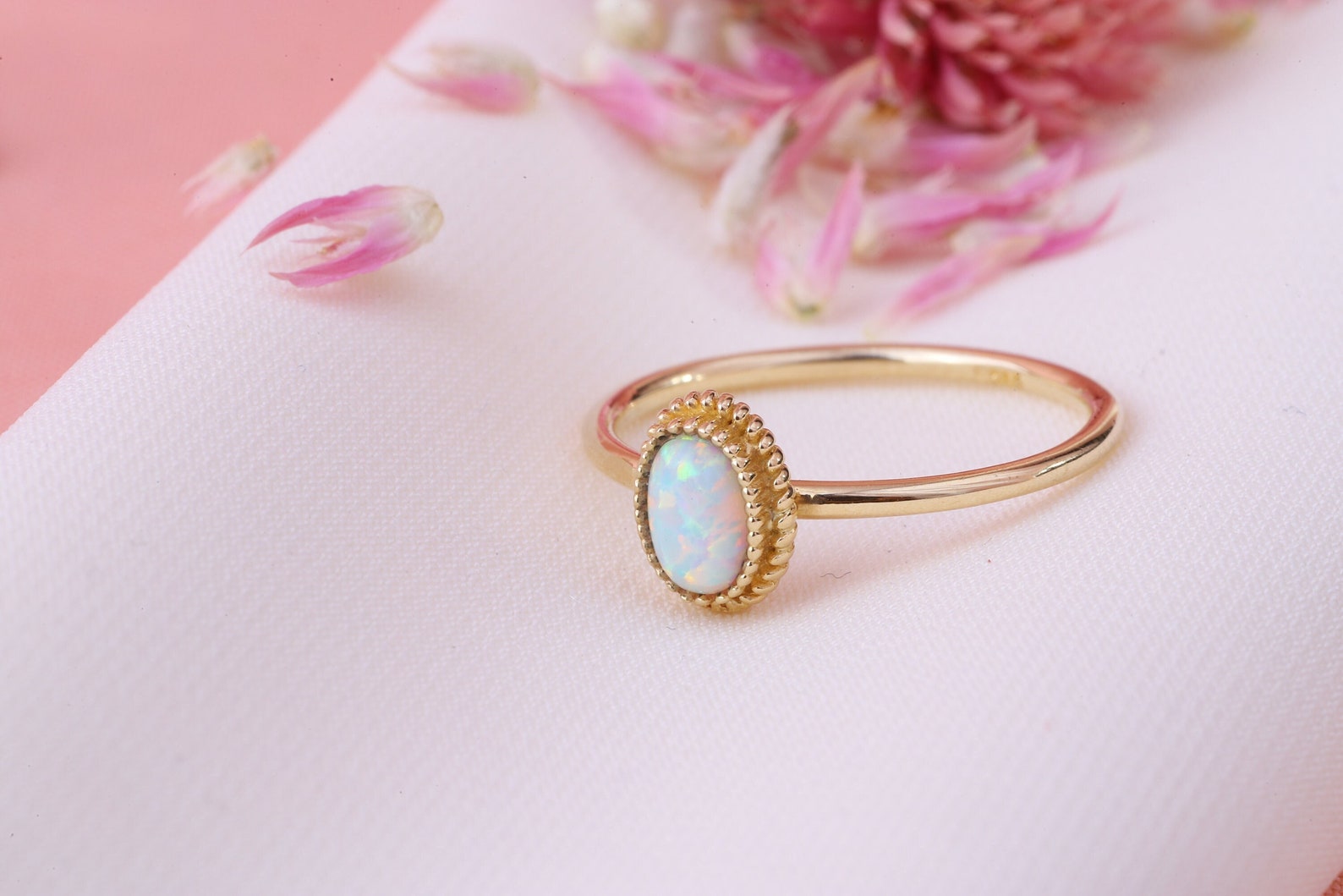 Opal Ring Gold 14K, Delicate Multicolor Opal Birthstone Stacking Ring ...