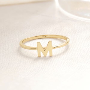 Custom Initial Letter Ring 14K Solid Gold Stackable Rings, Personalizable Word Alphabet Stacking ...