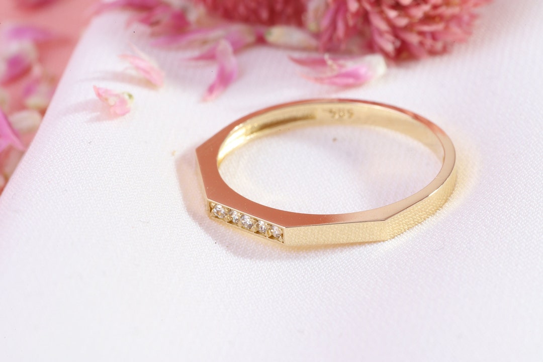 Scatter Diamond Wedding Band 14K Solid Gold Rectangle Bar Ring, Round Small Diamond Engagement ...