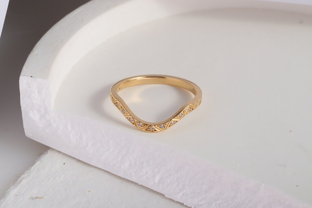V Design Dotted Diamond Curved Stacking Ring, 14K Gold Stacked Wishbone ...