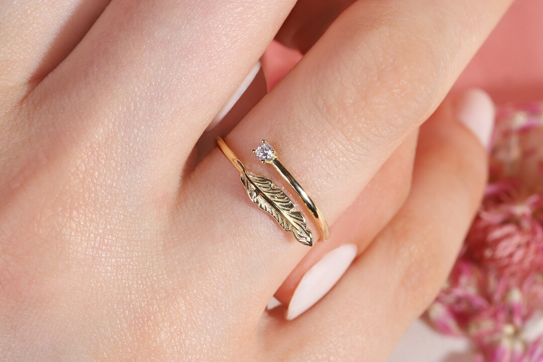 Eagle Feather Ring With Round Diamond, Moissanite Open Wrap Adjustable ...