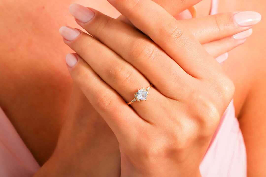 Square Cut Diamond Engagement Ring With Side Diamond 14K Solid Gold ...